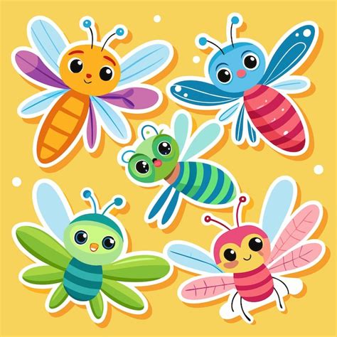 Five Cute Cartoon Bees With Happy Faces And Colorful Stripes On A