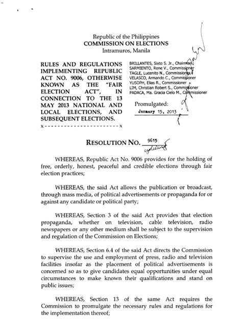 Pdf Comelec Resolution 9615 Rules And Regulations Implementing Fair