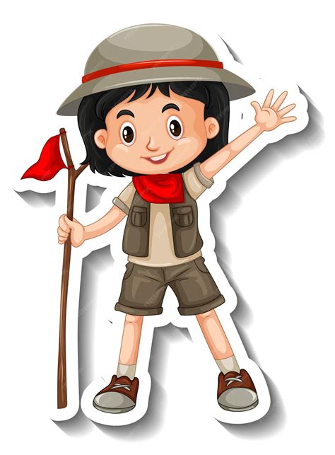 Сафари девушка машет рукой мультяшный персонаж стикер Бесплатно векторы