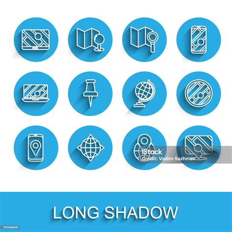 라인 도시지도 탐색 나침반이있는 세계 지구본 위치 도시 인포 그래픽 푸시 핀 접힌 위치 및 지구 아이콘을 설정합니다 벡터 개념에 대한 스톡 벡터 아트 및 기타 이미지