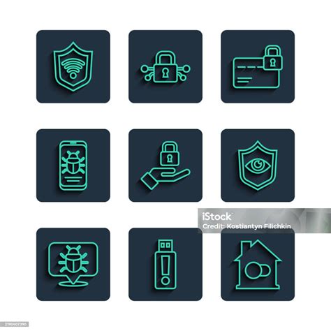 회선 시스템 버그 Usb 플래시 드라이브 스마트 홈 잠금 장치가 있는 신용 카드 손에 잠금 모바일 Shield Wifi 무선 및 눈 아이콘 설정 벡터 Brand Name