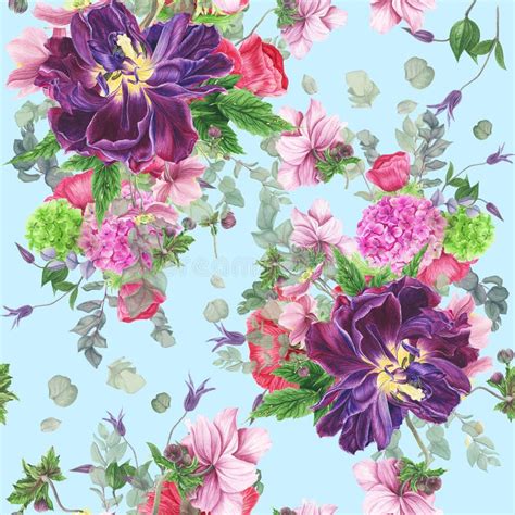 Seamless Floral Pattern With Tulips Anemones Hydrangea Eucalyptus