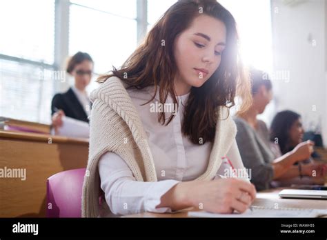 Beautiful Girl Taking Notes In Multinational Group Of Babes In An Auditorium Stock Photo Alamy