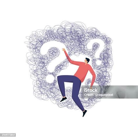 정신 건강 개념 문제에 빠지고 물음표에 갇힌 사람 문제 해결 일러스트 Mental Wellbeing에 대한 스톡 벡터 아트 및