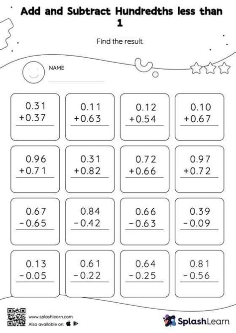 Add And Subtract Hundredths Less Than Vertical Printable Math