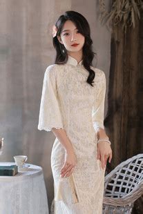 2023秋季新款复合蕾丝圆襟倒大袖旗袍 少女改良旗袍连衣裙年轻款 阿里巴巴