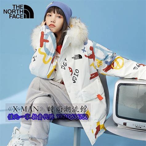 The North Face北面羽絨服 大毛領短款韓版潮牌加厚保暖連帽情侶裝白鴨絨外套工裝服新款小惡魔羽絨棉服笑臉塗鴉圖案印花棉衣棉襖防寒夾克