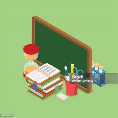 3 차원 Isometric 교육 지식 학교 대학 대학 개념 웹 인포 그래픽 벡터 그림을 평면 빈 칠판 모래 시계 노트북 플라스