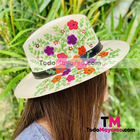 Aj00203 Sombrero Artesanal Pintado A Mano Con Diseño De Flores Mexicano