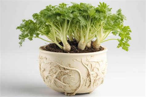 premium ai image celery root growing in white pot on white background