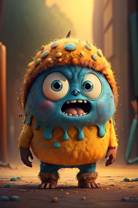 노란색과 파란색 모자를 쓴 만화 괴물이 길거리에 서 있다 Seaart Ai