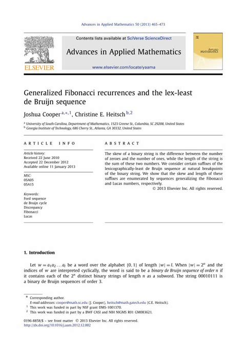 pdf generalized fibonacci recurrences and the lex least de bruijn