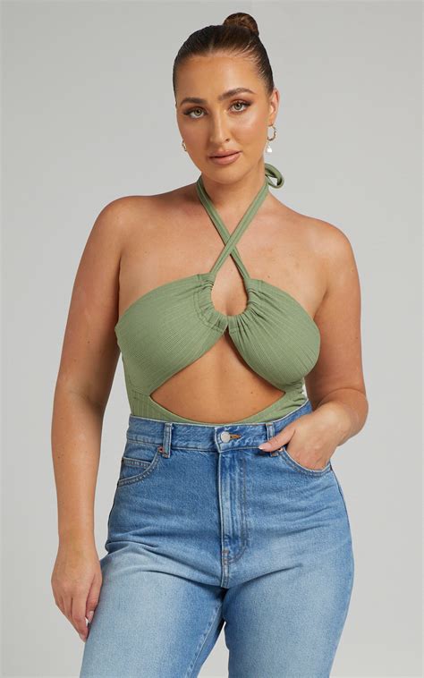 Jolina Halter Neck Cut Out Bodysuit In Sage Showpo Eu