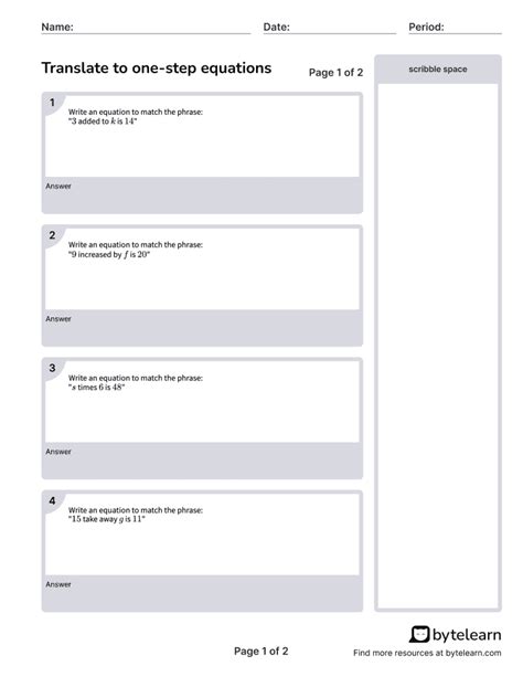 Translate To One Step Equations Worksheets [pdf] 6 Ee A 1 6th Grade Math