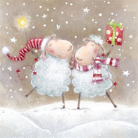 Cartoon Funny Sheep With Sparkler And Gift Christmas Greeting Cards