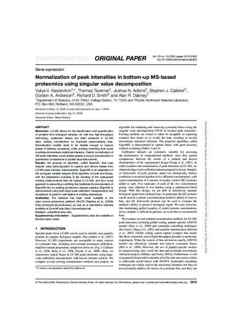 Pdf Normalization Of Peak Intensities In Bottom Up Ms Based Proteomics Using Singular Value