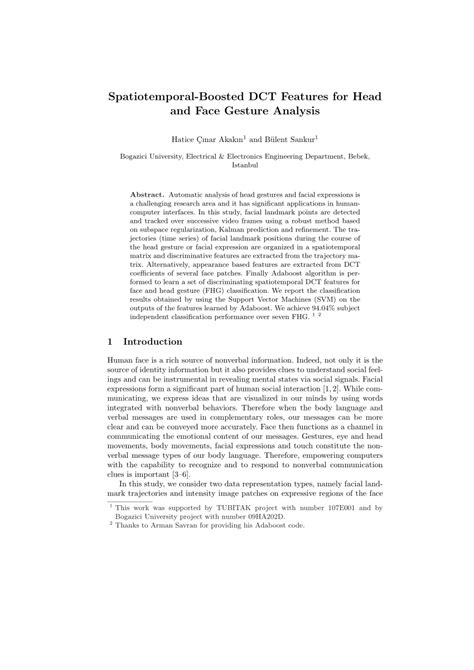 Pdf Spatiotemporal Boosted Dct Features For Head And Face Gesture Analysis