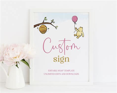 Pink Pooh Baby Shower Custom Sign Template Girl Winnie Baby Shower Decor Printable Shower Sign
