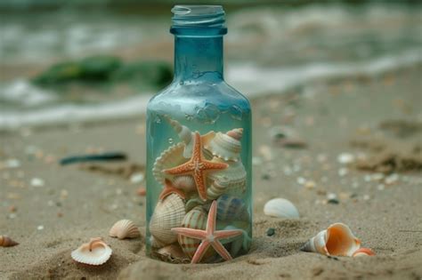 Botella Que Encapsula Una Playa Con Conchas Y Estrellas De Mar En El