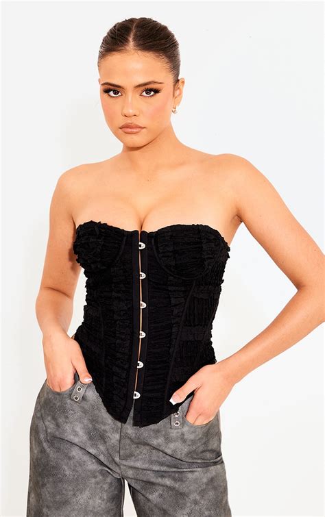 Black Chiffon Hook And Eye Corset Top Tops Prettylittlething