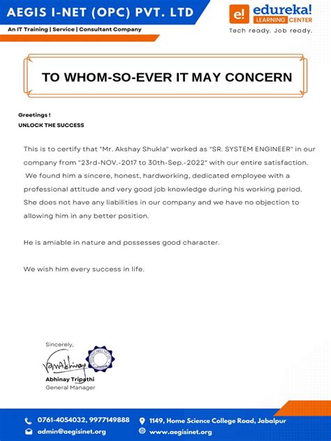 certificate of employment for mr akshay shukla as senior system