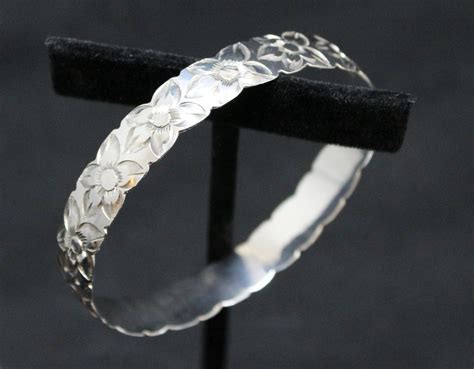 Sterling Silver Flower Bangle Tropical Silver Bangle Floral Silver Bangle Sterling Silver