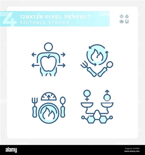Pixel Perfect Blue Metabolic Health Thin Line Icons Set Stock Vector