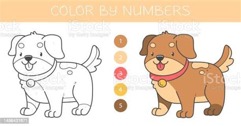 강아지와 함께 아이들을위한 숫자 색칠 공부 책으로 색칠하십시오 색칠하기 위한 예가 있는 귀여운 만화 강아지가 있는 색칠 공부 페이지 흑백 및 컬러 버전 벡터 그림입니다 0