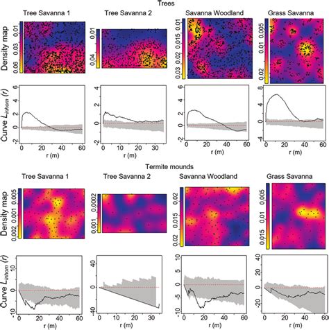 spatial distribution of the trees and termite mounds of the four plots