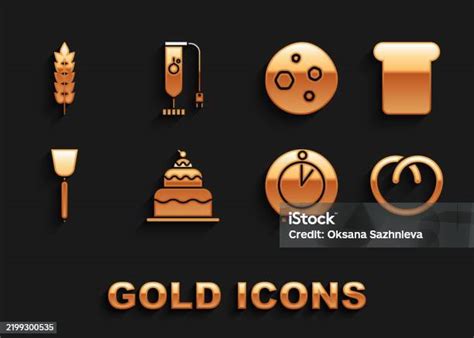 세트 케이크 빵 토스트 프레첼 주방 타이머 주걱 초콜릿 시리얼 쌀 밀 옥수수 귀리 호밀 및 블렌더 아이콘이 있는 쿠키 또는 비스킷 벡터 검은색에 대한 스톡 벡터 아트 및