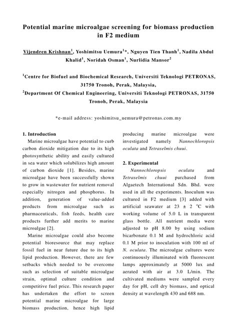 PDF Potential Marine Microalgae Screening For Biomass Production In F Medium