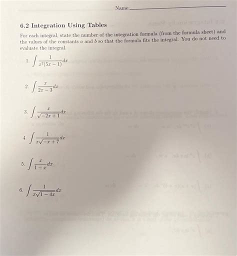 Solved 6 2 Integration Using Tables For Each Integral State