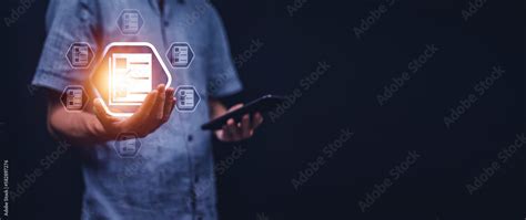 Documents Management Information System Concept Businessman Using Visual Screen Internet For