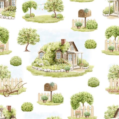 Watercolor Seamless Pattern With Cartoon House Trees And Plants Stock