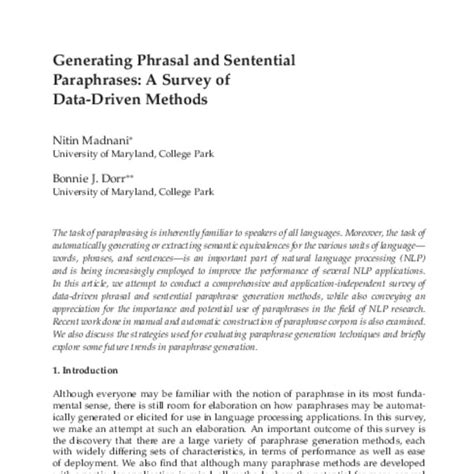 generating phrasal and sentential paraphrases a survey of data driven methods acl anthology