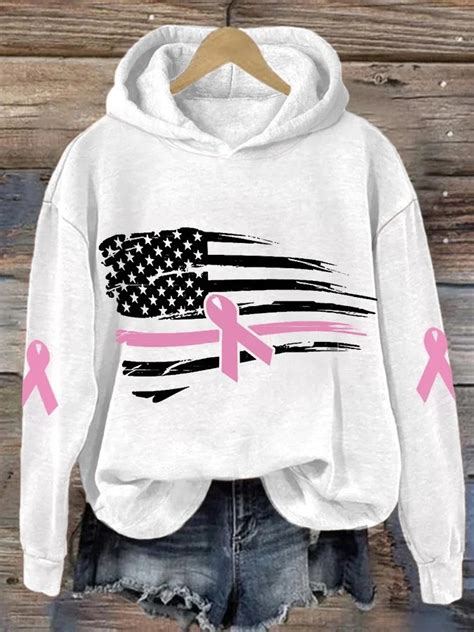 Breast Cancer Awareness Hoodie Pink Ribbon Usa Flag Breast Cancer Awar