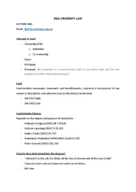 Lecture Notes Real Property Law Lecture One Email Llb301coord Interests In Land