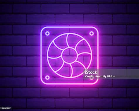 벽돌 벽 배경에 고립 된 빛나는 네온 컴퓨터 쿨러 아이콘 Pc 하드웨어 팬 벡터 일러스트레이션 Cpu에 대한 스톡 벡터 아트 및