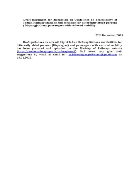 Draft Document On Guidelines On Accessibility Of Indian Railway
