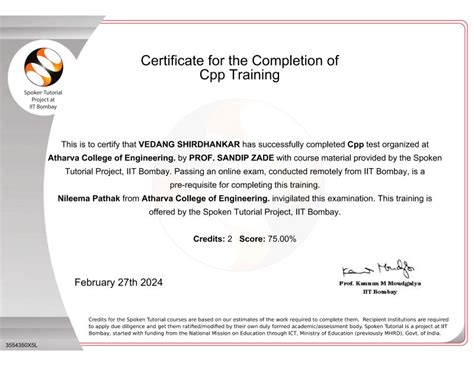 Certificate For Completion Of C Training Offered By Spoken Tutorial