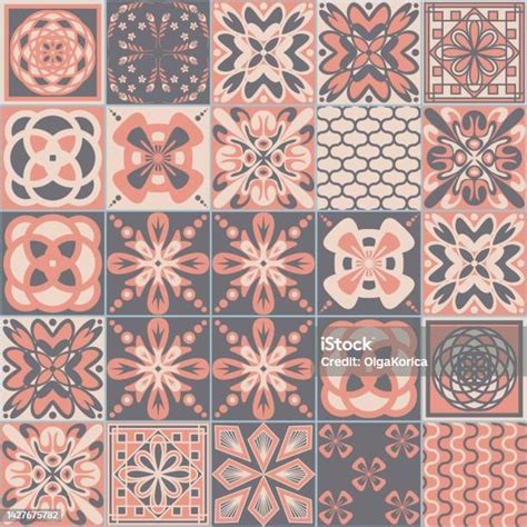 Azulejo Talavera 세라믹 타일 Majolica 패턴 핑크 그레이 전통 파스텔 배경 벡터 일러스트 레이 션 0명에