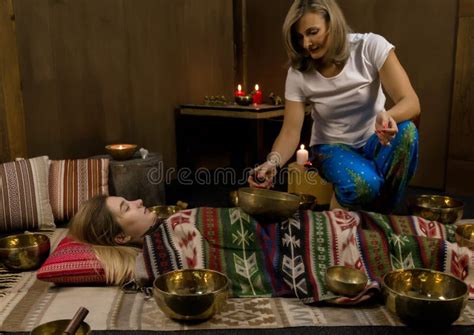 Meditation With Tibetan Singing Bowls Concept Of Calmness And Relax Stock Photo Image Of