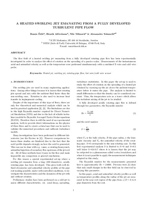 Pdf A Heated Swirling Jet Emanating From A Fully Developed Turbulent Pipe Flow