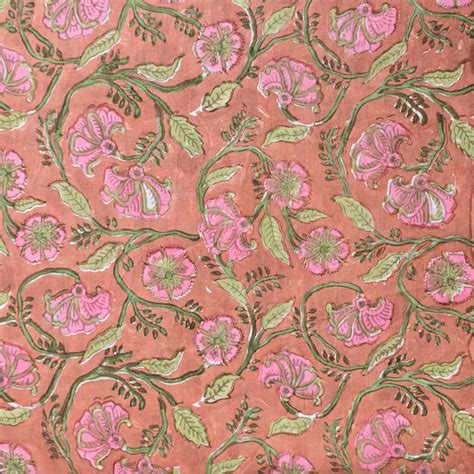 Pure Mul Cotton Jaipuri Peach With Pink Flower Jaal Hand Block Print F