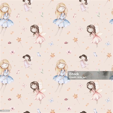 요정과 꽃 수채화 매끄러운 소녀 보육 패턴입니다 만화 핑크 마술 소녀 아기 배경 페이티테일 텍스타일 아트 개체 그룹에 대한 스톡 벡터 아트 및 기타 이미지 Istock