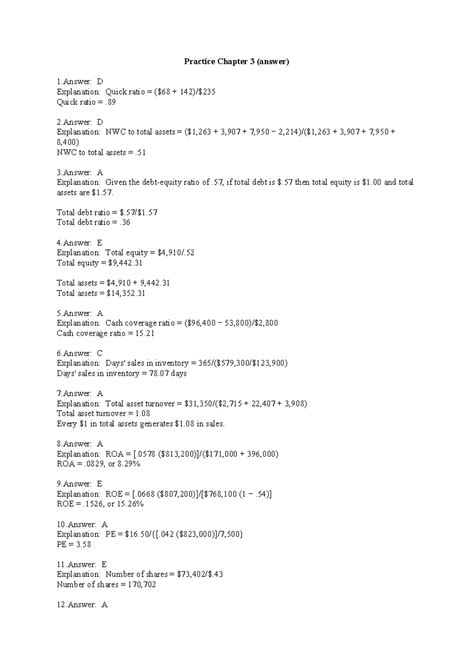 Chapter 3 question and answer - Practice Chapter 3 (answer) 1: D Explanation: Quick ratio = ($68 ...