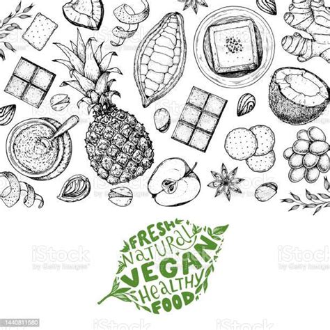 비건 음식 프레임입니다 손으로 그린 벡터 그림입니다 메뉴 디자인 템플릿입니다 비건 음식 스케치 빈티지 디자인 템플릿입니다 제품 디자인 포장 요리법 책 메뉴에 좋습니다 채식