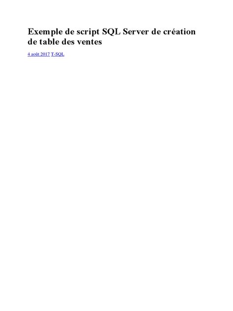Exemple De Script Sql Server De Création De Table Des Ventes Pdf