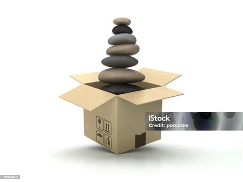 나무 바닥에 돌 골판지 상자 3d 렌더링 3차원 형태에 대한 스톡 사진 및 기타 이미지 3차원 형태 가정의 방 갈색