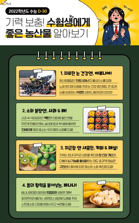 함안군 농업기술센터 인포그래픽 조금만 힘내요 수험생 기력 보충에 좋은 농산물 알아보기 여러분